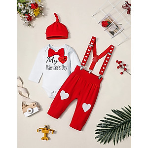 Dearnow Baby Boy Valentines Day Outfit 6-9 months My First Valentines Day Long Sleeve Romper+Suspender Pants+Hat 3Pcs Spring Outfit valentines baby boy outfit