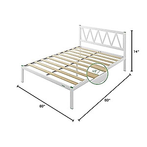 Novilla 14 Inch Queen Size Bed Frame with Headboard, Platform Bed Frame No Box Spring Needed, Metal Queen Bed Frame with Storage Space, Wooden Slats Support, Easy Assembly, White