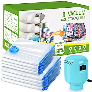 BAMCOO Vacuum Storage Bags with Electric Pump, 8 Pack (4 Jumbo 4 Large Vacuum Seal Bags for Clothing) Storage Bags Vacuum Sealed Bags for Travel, Luggage, Bedding, Blankets