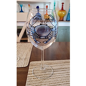 Blue Crab Hand Painted Stained Glass Stemmed Wine Glasses Set of 2