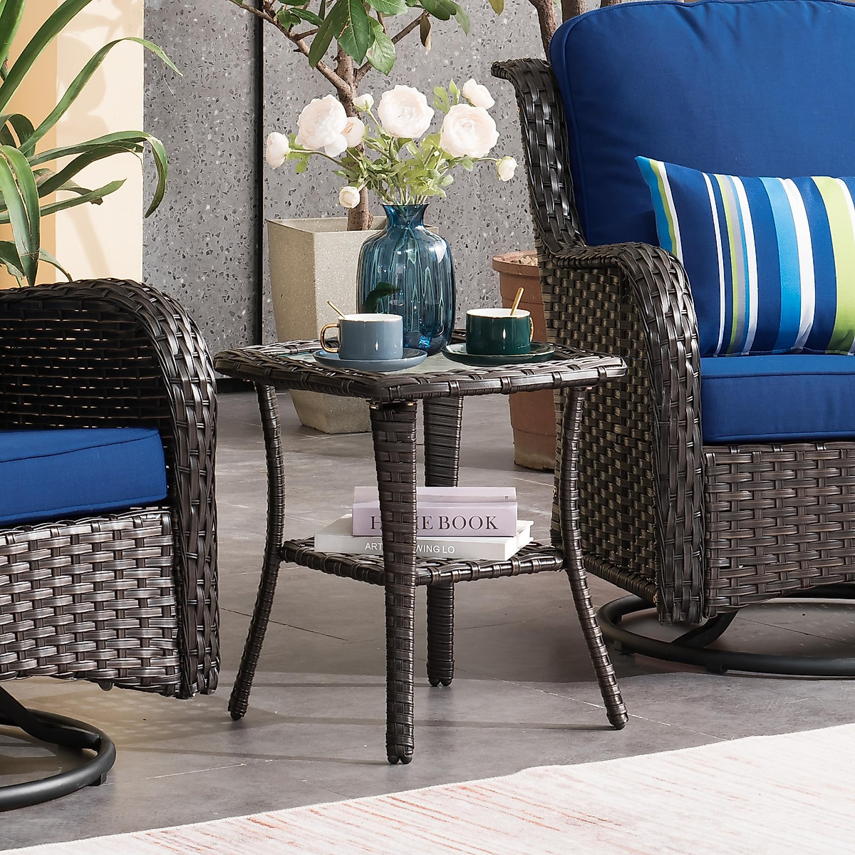 XIZZI Patio Furniture Set with Swivel Rocking Chairs,6 Pieces All Weather Wicker Outdoor Furniture with Sofa,High Back Patio Conversation Set for Balcony,Deck,and Backyard,Brown Rattan Navy Blue