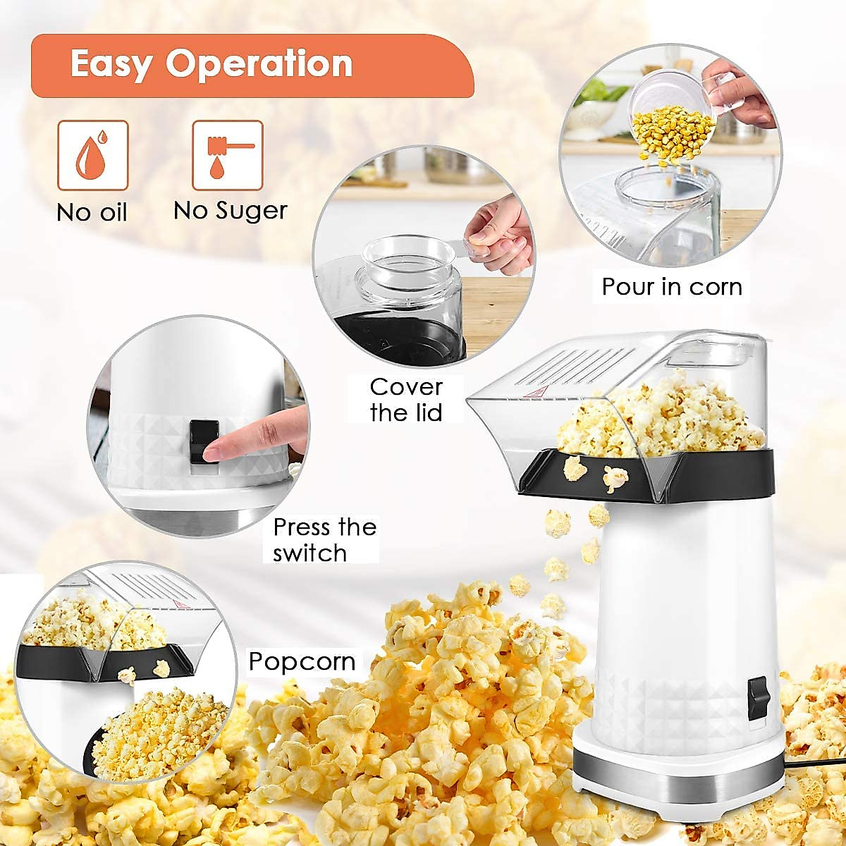 Popcorn Machine High Popping Rate, 3.5 Quarts, 1200w, 2 Min Fast Popping Air Popper Popcorn Maker, No Oil, BPA-Free, Food Safe Mini Popcorn Machine with ETL Certified, Popcorn Poppers for Home