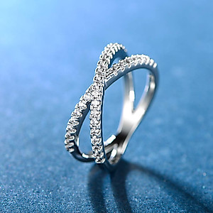 MDFUN 18K White Gold Plated Rhodium Cubic Zirconia Band Cross X Ring for Women Engagement Wedding (6.5)