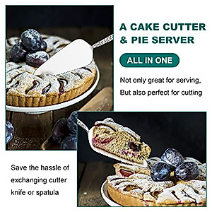 5-Piece Pie Server, E-far Hammered Stainless Steel Cake Server Spatula for Cutting Pastry Cheese Pizza, Serrated Edge with Square Handle, Mirror Polished & Dishwasher Safe-8.9 Inch