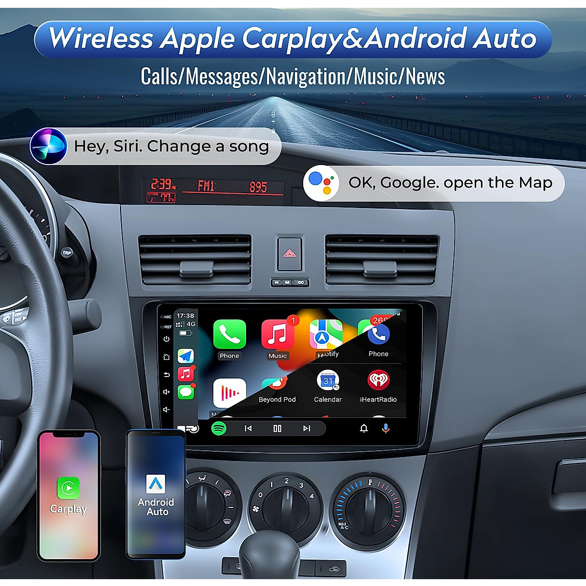 Car Stereo Radio for Mazda 3 2010 2011 2012 2013-9 Inch(1280 * 800) Touchscreen with Wireless Carplay&Android Auto GPS WiFi Bluetooth FM Backup Camera SWC (Fit for Bose System)