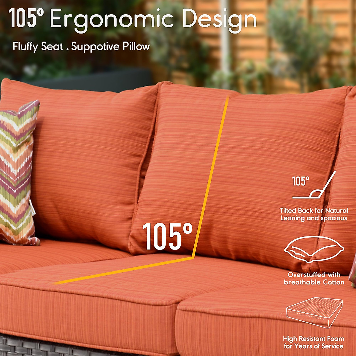 HOOOWOOO Outdoor Patio Furniture Sets 7 Pieces Patio Conversation Sets Weather Resistant Wicker Sofa Seating Set with 42" Fire Pit Swivel Rocking Chairs for 5 Persons Outside,Orange Red