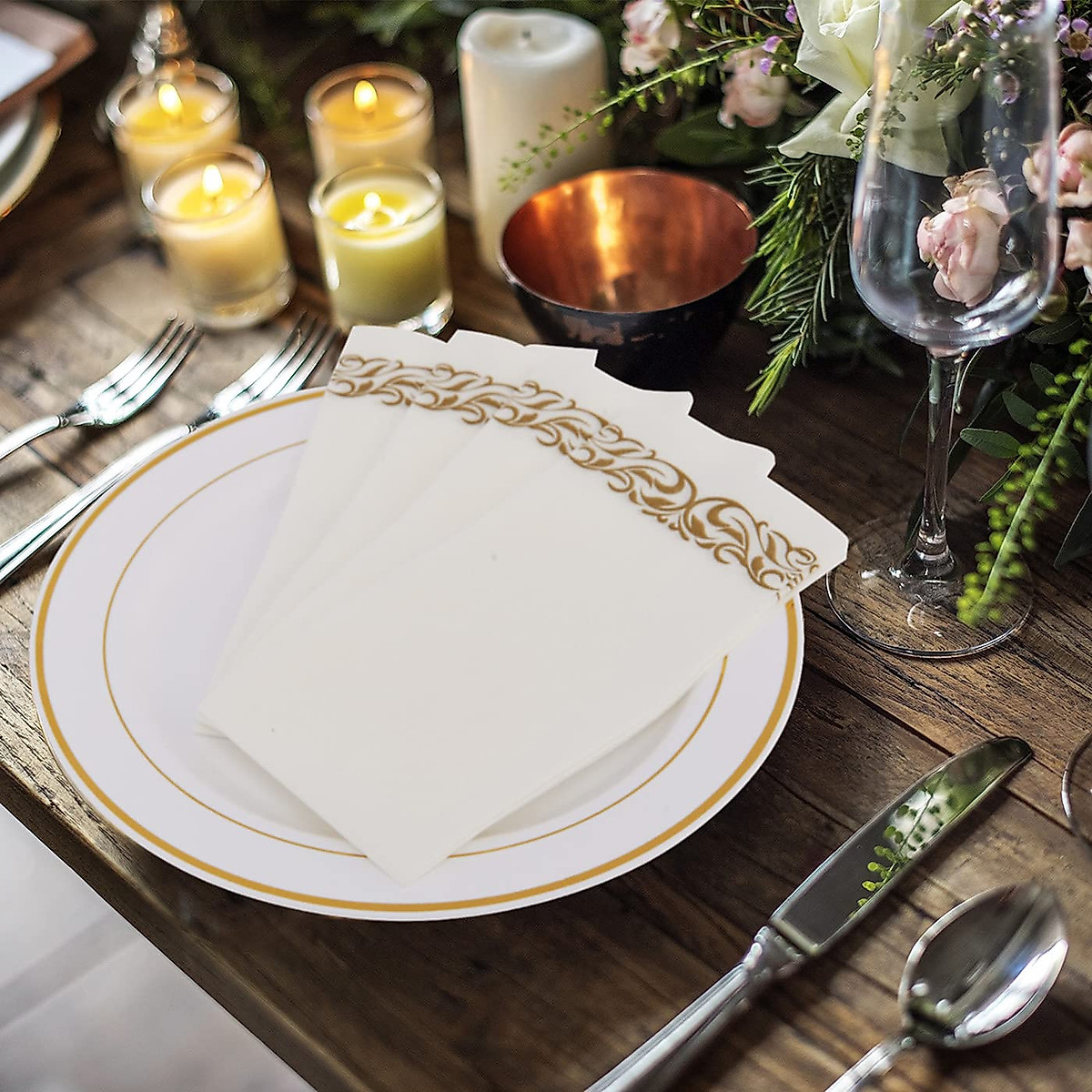 FOCUSLINE 200 Linen Feel Disposable Bathroom Napkins, Soft and Absorbent Paper Guest Towels, Cloth-Like Paper Hand Towels Decorative Napkins for Parties, Weddings, Dinners or Events, Gold, 12" x 17"