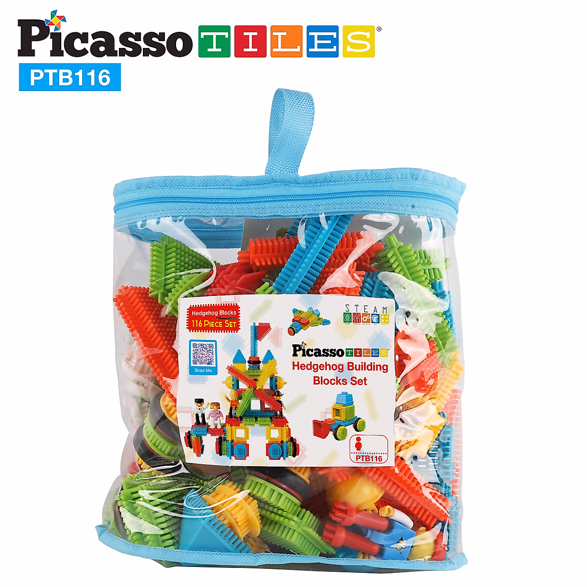 Picasso Toys 116pc Hedgehog Construction Building Blocks Toy Set Interlock Tiles with Idea Book, 4 Action Figure Characters, 4 Decorative Eyes STEM Learning Kit Playset for Boys Girls 3 and Up PTB116