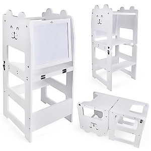 4-in-1 [Fun Ninja] Toddler Kitchen Step Stool for Children and Toddlers, Whiteboard & Art Desk, Safety Rail Tower for Kids, Parent Assistant Stepping Stool (White, Bundle)