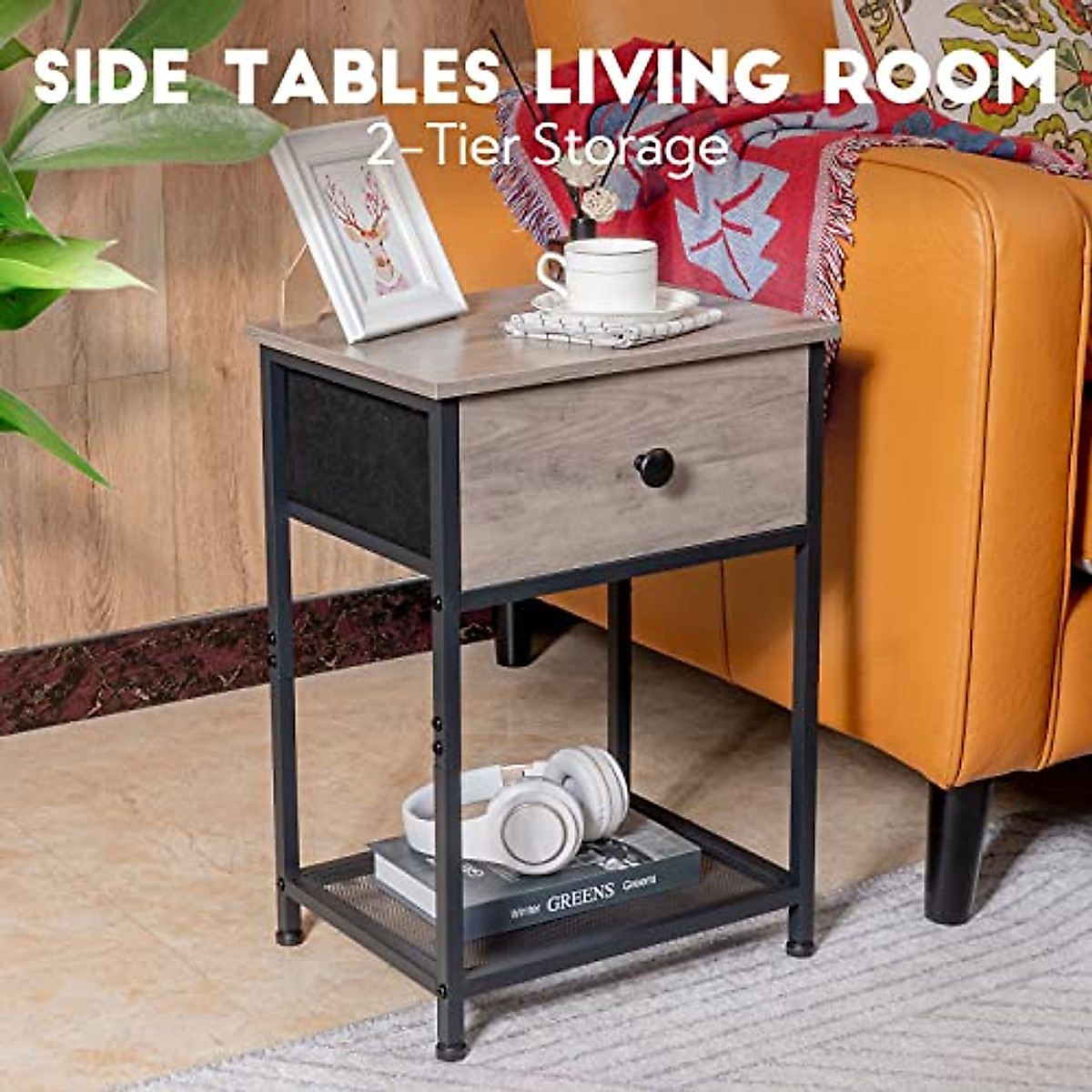 AMHANCIBLE Night Stand Set 2, Small End Side Tables Living Room with Drawer, Industrial Slim Nightstand with Shelf, Bedside Tabes for Bedroom, Wood Metal Accent Furniture, Greige HET03SDGY