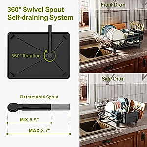 GSlife Dish Drying Rack with Drainboard - Dish Racks for Kitchen Counter with 12 Plate Slot and Cup Holder, Dish Rack with Cutting Board Holder and Higher Tray Feet, Utensil Holder with Spout, Black