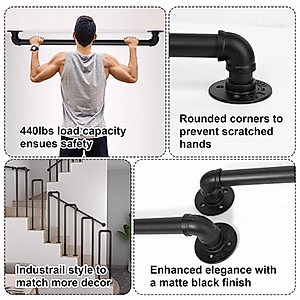 SCIEO 11.4FT Hand Rails for Indoor Stairs Industrial Staircase Handrail, Wall Mount Stair Banister Railing Metal Galvanized Steel Handrails Non-Slip Grab Bar for Indoor Outdoor Steps Stairs Porch