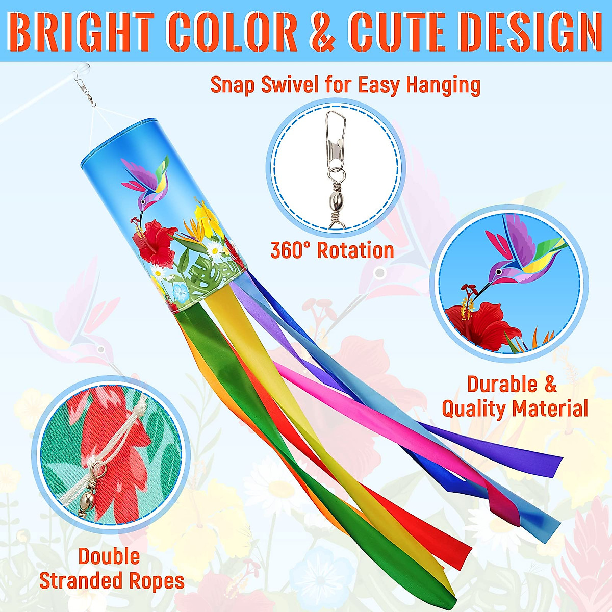 2 Pcs 40 Inches Twin Hummingbird Windsock, Decorative Spring Wind Socks Rainbow Outdoor Decor Windsock Flag Hanging Decor for Wall Tree Front Patio Lawn Garden