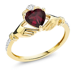 Gem Stone King 10K Yellow Gold Irish Celtic Claddagh Red Rhodolite Garnet and Diamond Accent Engagement Ring For Women (0.78 Cttw, Available in size 5, 6, 7, 8, 9)