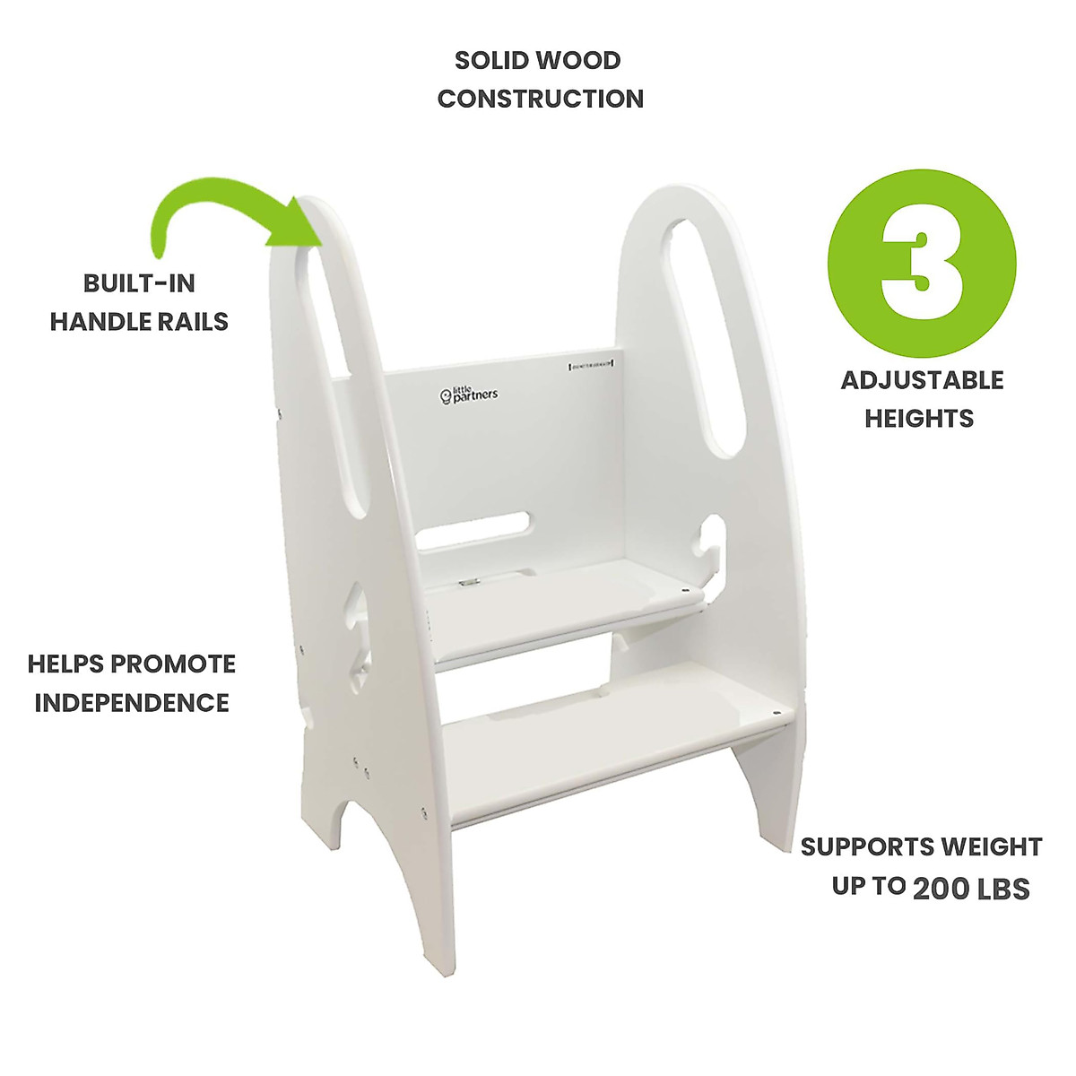 Little Partners 3-in-1 Growing Step Stool Toddler Tower Helper Step Stool, Wooden Toddler Standing Stool for Bathroom or Kitchen, Anti-Slip Feet, Built-in Safety Hand Rails Up to 200 lbs.(Soft White)