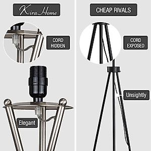 Kira Home Sadie 60" Mid Century Modern Tripod LED Floor Lamp + 9W Bulb (Energy Efficient/Eco-Friendly), Gray Drum Shade, Brushed Nickel Finish