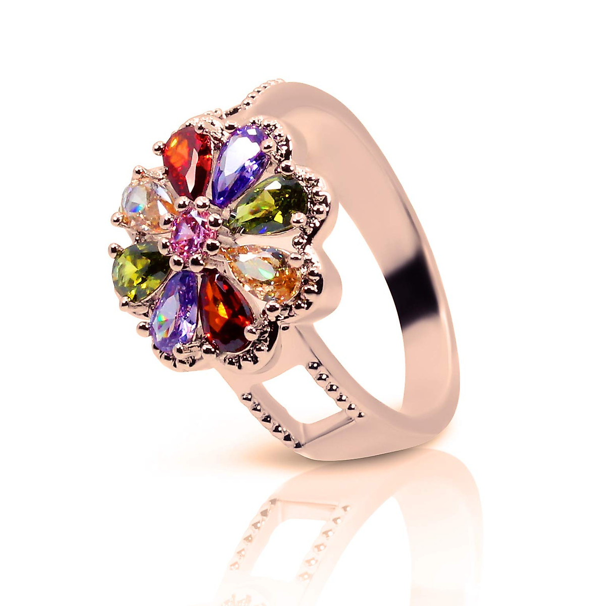 Savlano 14K Gold Plated Cubic Zirconia Multicolor Rainbow Flower Ring for Women (Rose Gold, 7)