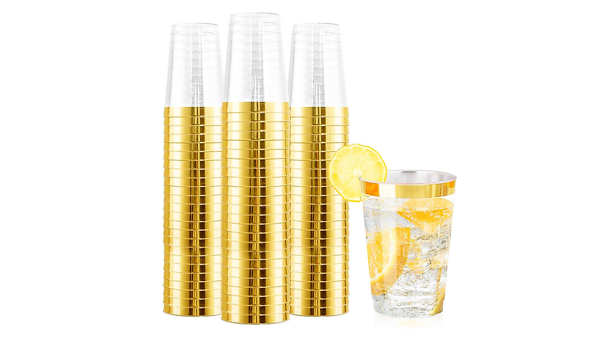 Nervure 120PCS Gold Rim Plastic Cups - Elegant 12oz Disposable Cups