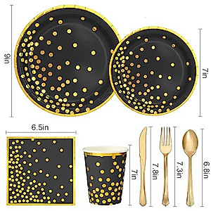 Black and Gold Party Supplies-Golden Dot Paper Plates,Black Napkins&Cups and Plastic Utensils,Gold Rim Disposable Paper Tableware for Birthday,Retirement,Graduation,175Pcs,Serve 25