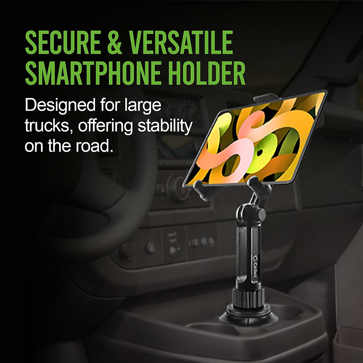 Car Tablet Mount with a Cup Holder Base Compatible for Apple iPad, iPad Pro, iPad Air, iPad Mini, Samsung Galaxy Tablet, Google Pixel Tablet, Amazon Kindle Fire and Smartphones