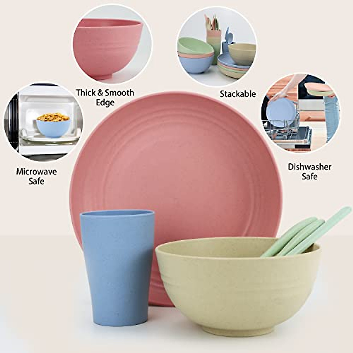 Wheat Straw Dinnerware Sets(24 pcs),Unbreakable Dinnerware Set for 4,Microwave & Dishwasher Safe Dinnerware,Kids Plates and Bowls Sets,Lightweight & Unbreakable Reusable Dishes,Camping Dish Set