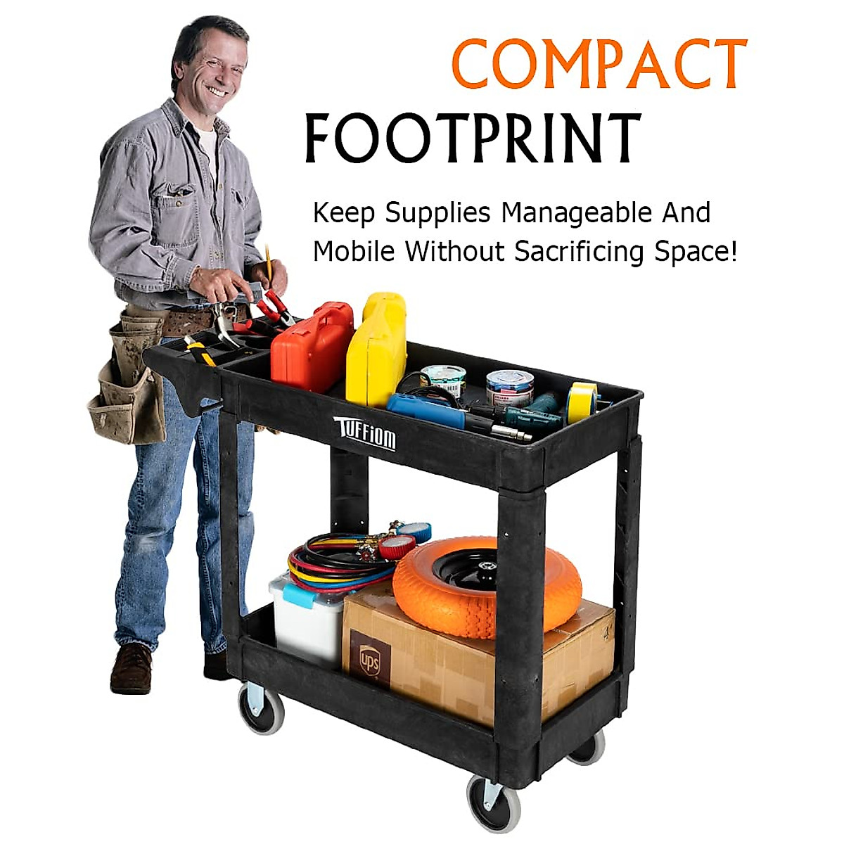 TUFFIOM Plastic Service Utility Cart with Wheels, 550lbs Capacity Heavy Duty Tub Storage Cart W/Deep Shelves, Multipurpose Rolling 2-Tier Mobile Storage Organizer, for Warehouse Garage Industrial