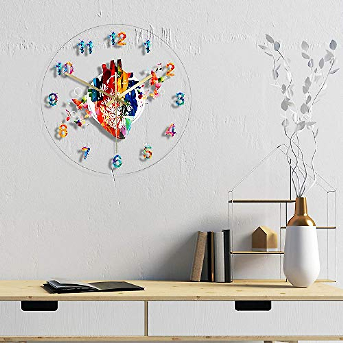 Wall Clocks12 inch Heart Design Anatomy Watercolour Painting Print Acrylic Wall Clock Medical Office Art Decor Cardiovascular Artwork Wall Clock Easy to Read