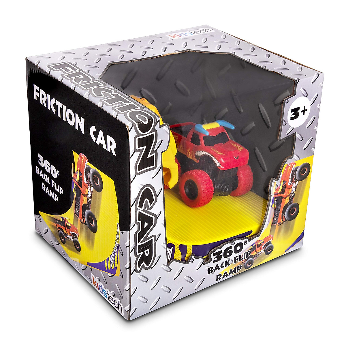 Kidstech Super Friction Monster Trucks with 360 Degrees Back Flip Ramp Track Set of 2 Cars - Push N Go Large Wheel Cars for Kids Ages 3+ (Colors May Vary)