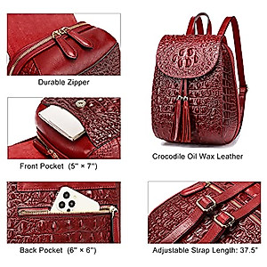 Women Small Genuine Leather Backpack Purse Crocodile Designer Bag (Wine Red)