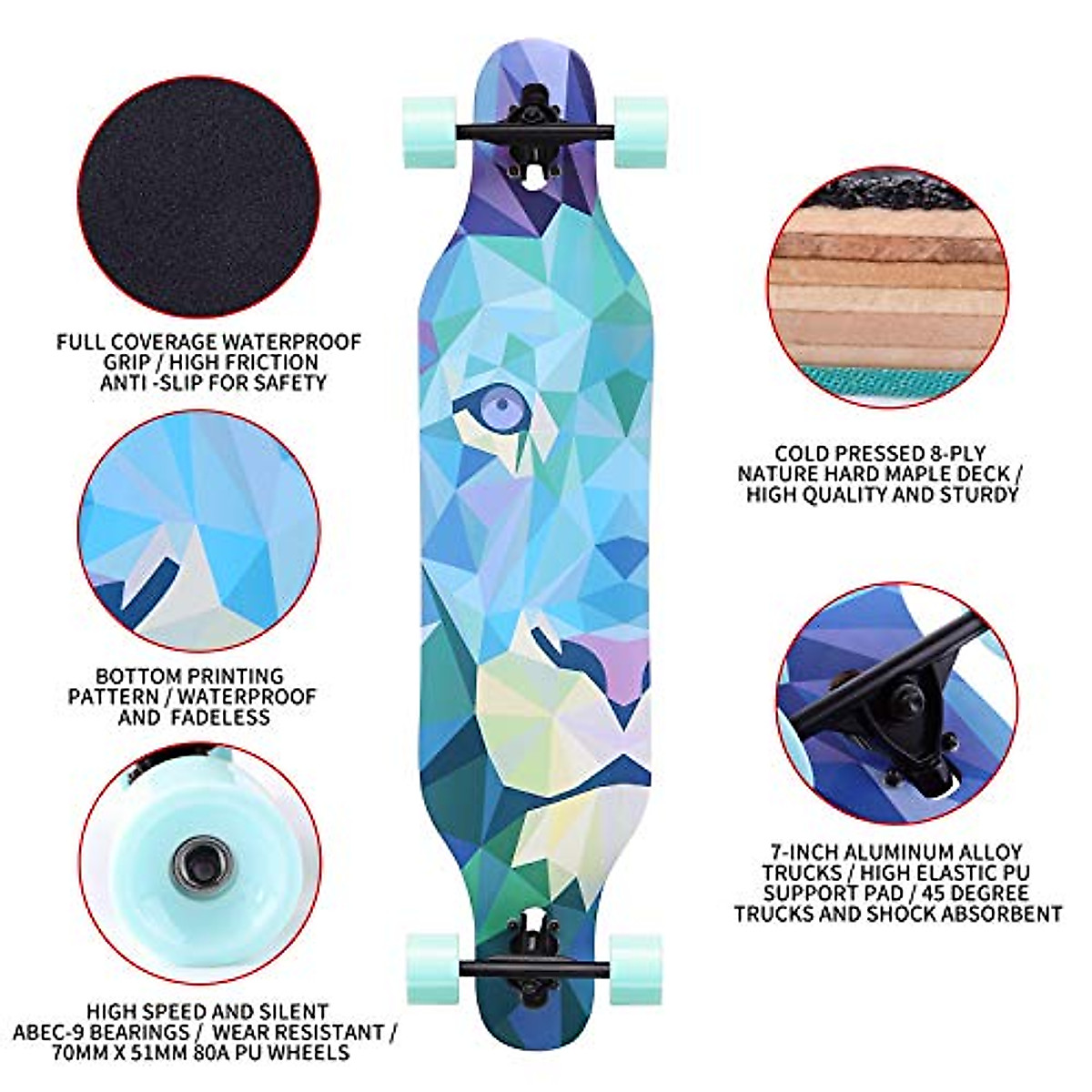 BOCIN 41 inch Freeride Longboard Drop Through Skateboard 8 Ply Canadian Maple Complete Cruiser for Cruising, Carving,Free-Style and Downhill (Lion)