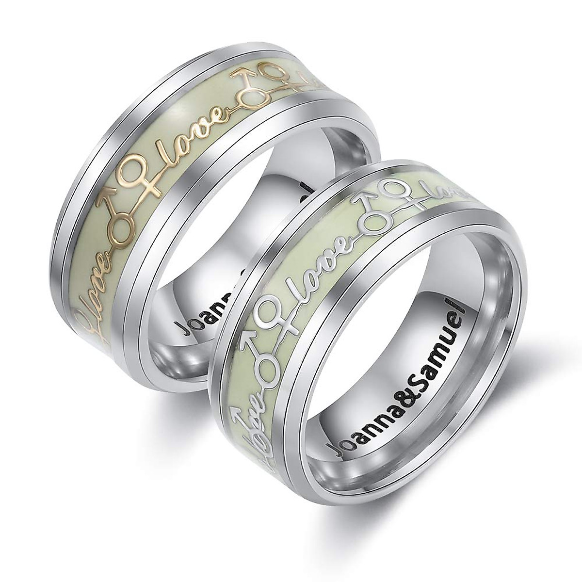 Ashleymade Personalized Couples Rings Set for Him and Her Promise Rings for Couples Engraving Luminous Ring Stainless Steel Engagement Rings for Couples Valentines Day (Couples Rings Set -2)