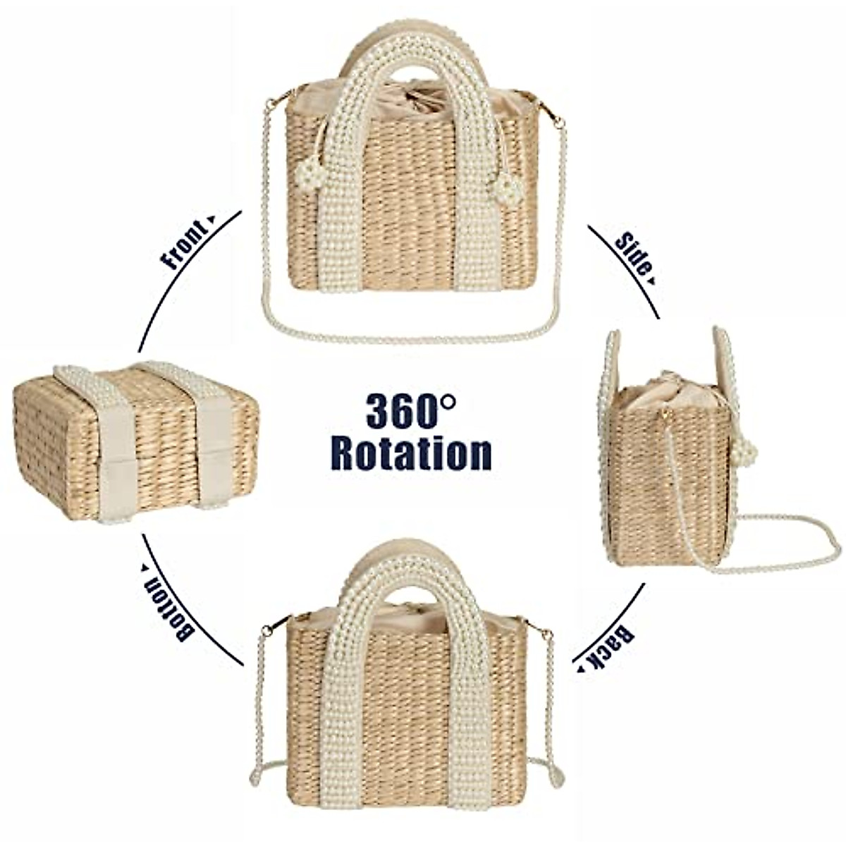 FUSMIC Women's Handbag Straw Handmade Artificial Pearl Rattan Weave Tote Shoulder Bag Beige