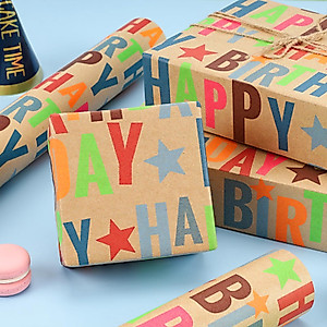 BIOBROWN Kraft Wrapping Paper Roll Colorful Text Happy Birthday Design Perfect for Birthday Holiday Wrap 17 inch X 33 feet