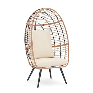 JOIVI Wicker Egg Chair, Oversized Indoor Outdoor Lounger Large Egg Basket Chair with Stand and Cushions for Patio Porch, Backyard, Living Room, Balcony (Beige Rattan, Creamy White Cushion)