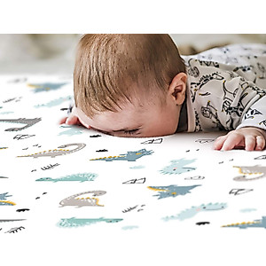 GRSSDER Stretchy Ultra Soft Jersey Knit Fitted Pack n Play Sheets Set 2 Pack, Portable/Mini Cribs Sheets, Happy Dinosaurs for Girls and Boys