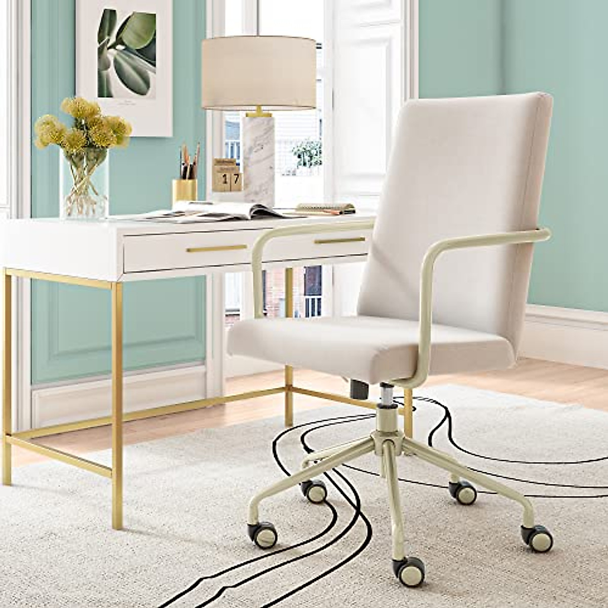 Elle Decor Giselle Modern Home Office Desk Chair, High Back Adjustable Computer Chair with Gold Arms, Base and Wheels, Velvet Fabric, Cream