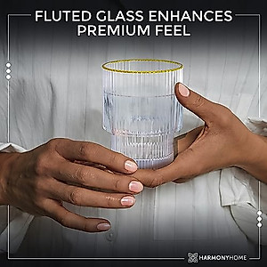 Harmony Home Bedside Water Carafe And Glass Set - 4 Piece Hand Crafted Fluted Borosilicate Glass w/Gold Rim & BONUS Bud Vase| Bedside Carafe |Carafe w/Cup| Carafe Bedside |Bedside Water Decanter