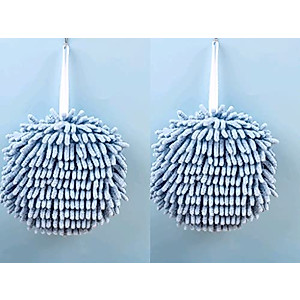 ASEANAO 2 PCS Chenille Hanging Hand Towels Quick Dry Hanging Absorbent Soft Hand Bath Towel, Bathroom Fluffy Microfiber Decorative Towels Ball，Cleaning Cloth for Bathroom Kitchen (Light Blue)