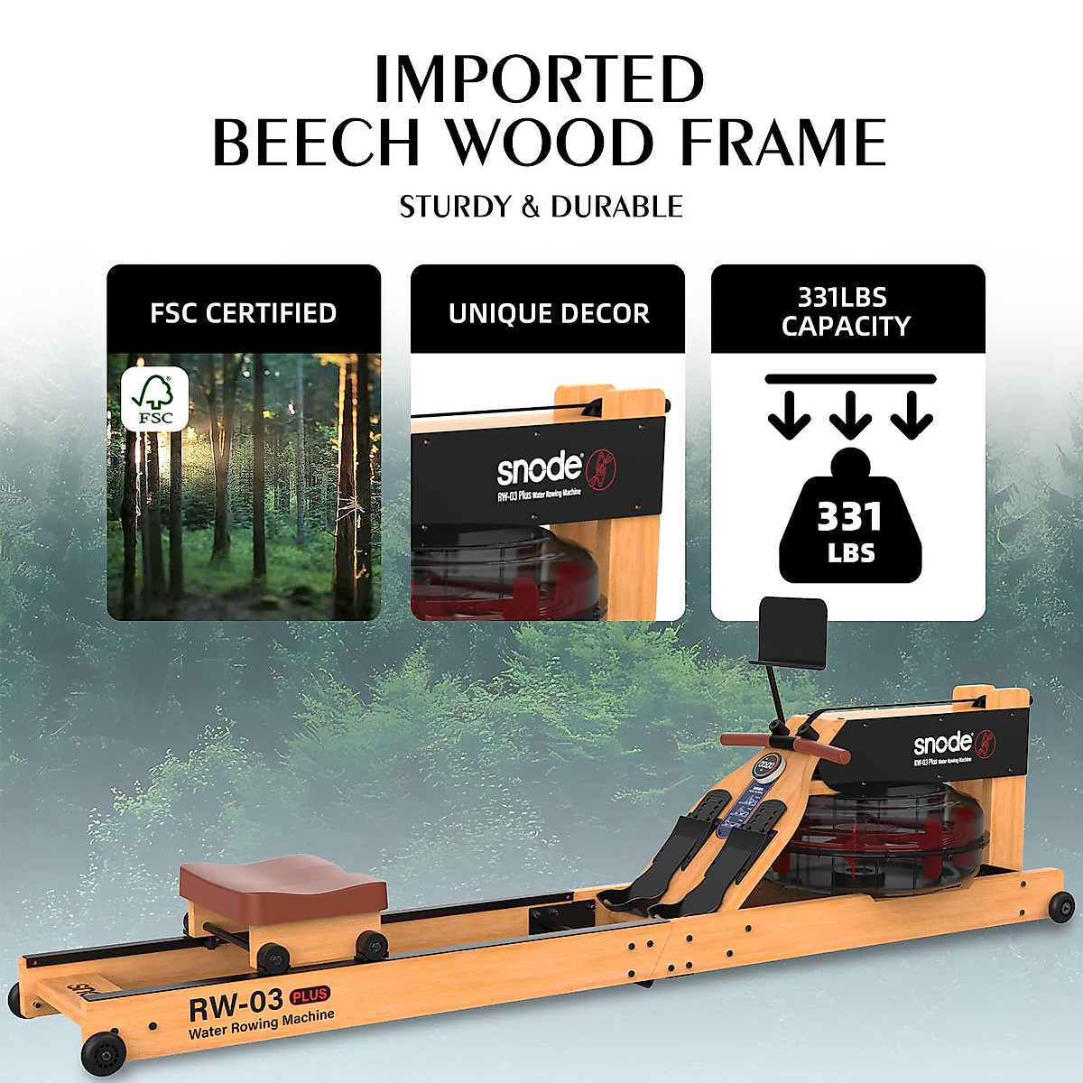 SNODE Wood Water Rowing Machine for Home Use, Foldable Rower Machine, Imported Beech Wood, Rower Machine with Bluetooth and LCD Monitor, Soft Seat