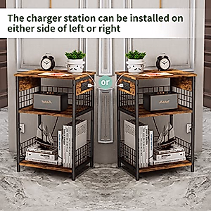 LDTTCUK Side Table with Charging Station & USB Ports,3-Tier End Table for Living Room,Study,Bedroom,Narrow Sofa Table Bedside Table with Storage Shelf,Small Nightstand,Rustic Brown
