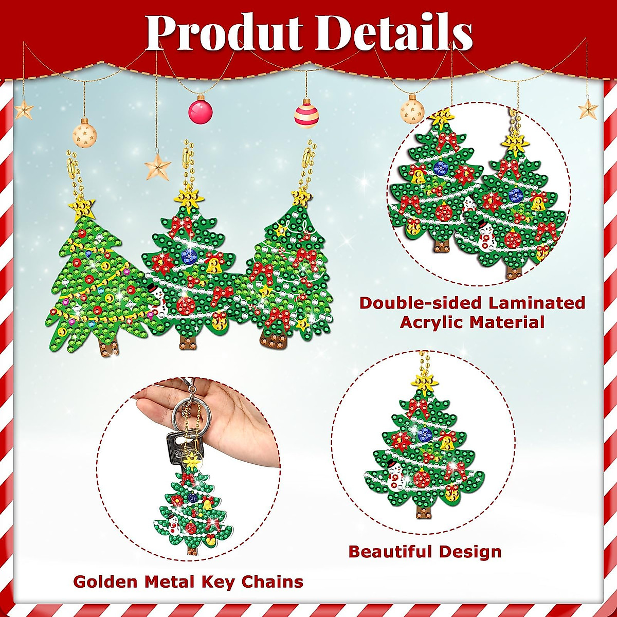 24 Pcs Christmas Diamond Painting Keychains Christmas Tree 5D Art Ornaments Kit Xmas Full Drill DIY Keyring Holiday Double Sided Diamond Craft Pendant for Kids Family Home Classroom Winter Party Decor