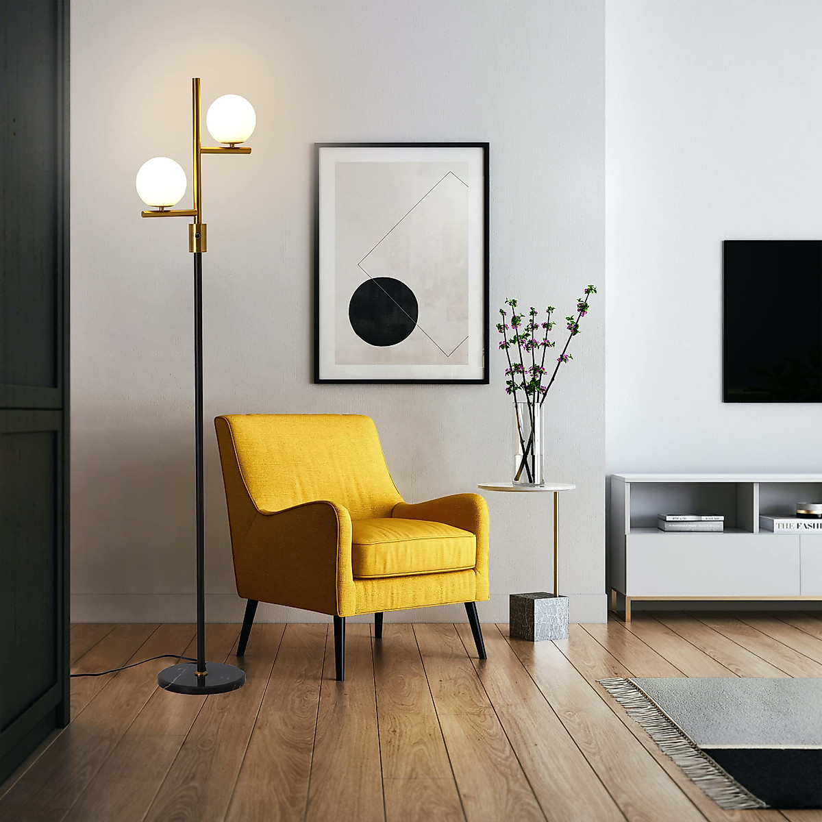 Asmymhd Dimming Floor Lamp with 2 Sphere Frosted Glass Globes,Mid Century Gold and Black Standing Lamp for Living Room, Bedroom, Office. (Black+Gold)