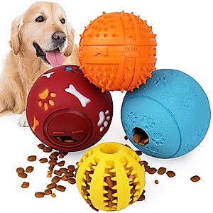 PrimePets Dog Treat Ball, 4 Pack Interactive Food Dispensing Puppy Puzzle Toy, Non-Toxic, Natural Rubber, for Tooth Cleaning, IQ Training, Chewing, Playing