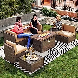 Aoxun Patio Furniture Set 8PCS with 40" Fire Pit Table Outdoor Sectional Sofa Set Wicker Furniture Set with Coffee Table(Brown)