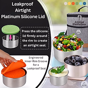 Alpine Elevation 12 Pcs - 6 Stainless Steel Containers + 6 Silicone Lids | 304 Stainless Steel Lunch Container | Nesting Lunch Container | Meal Prep Storage Container | Metal Lunch Container