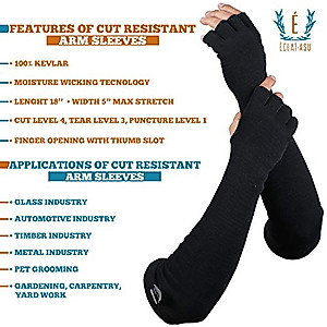 100% Kevlar Protective Sleeves- Anti Heat Scratch & Cut Resistant Arm Sleeve with Finger Opening- Safety Sleeves for Arms- Long Arm Guard Protector for Work Welding- Bite Proof- 18 Inches Black 1 Pair