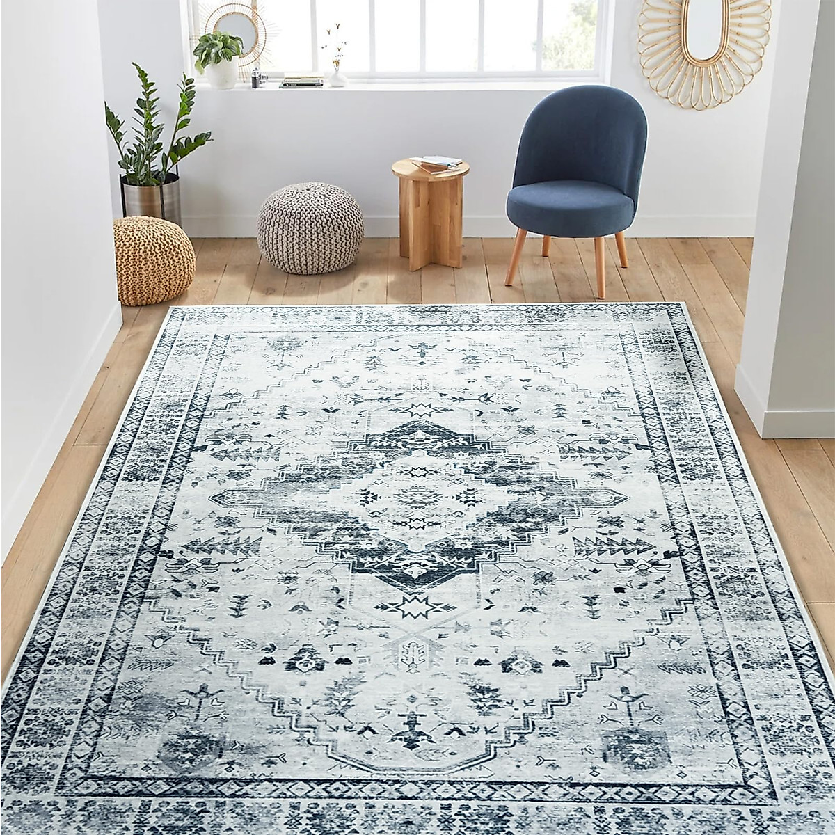BESTSWEETIE Area Rug 8x10 Rugs for Living Room 8 x 10 Washable Rugs Non Slip Vintage Boho Living Room Rugs for Bedroom Dining Room, Distressed Pattern Carpet, Gray Black