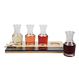 Wine Tasting Flight Sampler Set - Includes Four 6 oz Decanter Glasses and Wood Paddle with Chalkboard - Great for Spring Winery Tour Taste Testing, Perfect Housewarming, Wedding, and Mother's Day Gift