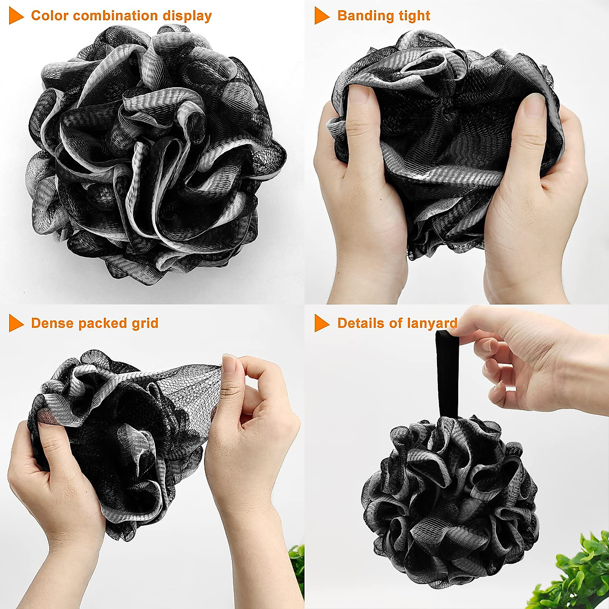 Loofah Charcoal Bath Shower Sponge Body Scrubber,75g XL Exfoliate Mesh Pouf Shower Bouquet,3 Pack Black Large Bath Sponge for Women and Men