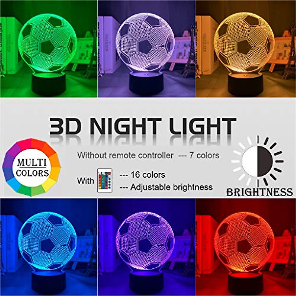 Windgro 3D Illusion Football Night Light for Kids Soccer Football Desk Lamp Football Gifts, Football Night Lights for Boys Room 16 Color Changes and Remote Control, Birthday, Christmas Gift